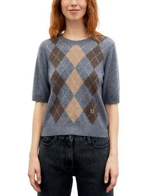 Gerard Darel Wool Elbow Sleeve Argyle Pullover Sweater - Grey