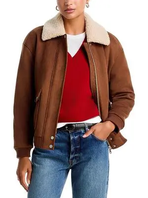 Aqua Faux Fur Trimmed Faux Suede Aviator Jacket - Brandy