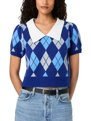 French Connection Koda Knit Argyle Sweater With Collared Neckline - Brisk Blue
