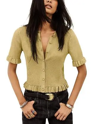 Ba&sh Metallic Rib Knit Cardigan With Ruffle Trim - Gold