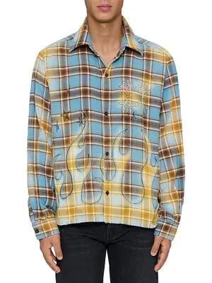 Amiri Flame Graphic Cotton Flannel Shirt - Blue