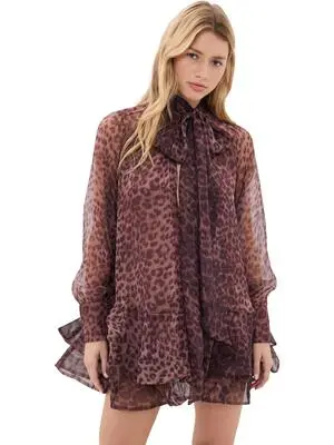 Bardot Adrie Babydoll Mini Dress With Puff Sleeves And Print - Leopard