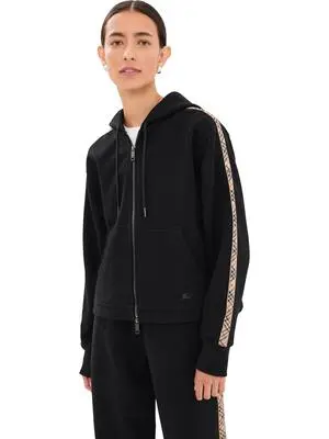 Burberry Zip Up Hooded Jacket With Checked Trim - Black