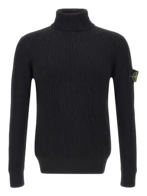 Stone Island Ribbed Wool Turtleneck Sweater - Black