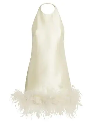 SELF-PORTRAIT Taffeta Feather-trim Halterneck Mini Dress - Yellow