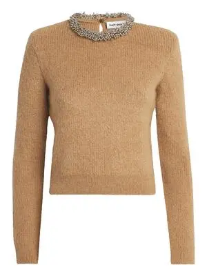 SELF-PORTRAIT Beaded Neckline Alpaca Wool Blend Sweater - Brown