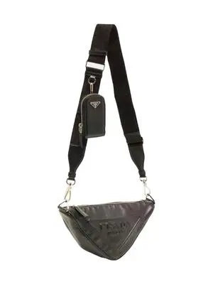 Prada Triangle Embossed Shoulder Bag - Black