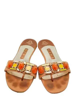 GINA Crystal Embellished Leather Flat Thong Sandals - Brown