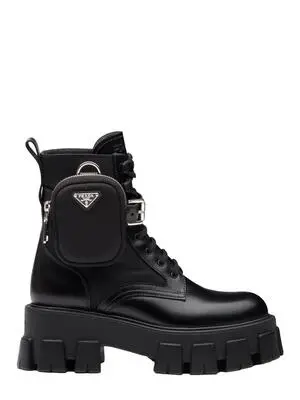 Prada Monolith Leather And Re-nylon Combat Boots With Pouch - Black
