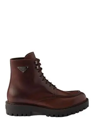 Prada Lace Up Leather Ankle Boots - Ebony