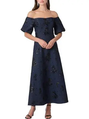 Shoshanna Sequin Embellished Off-the-shoulder Denim Maxi Dress - Denim/jet
