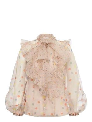 MAISON COMMON Printed Silk Organza Blouse With Flounces - Sand Multicolour