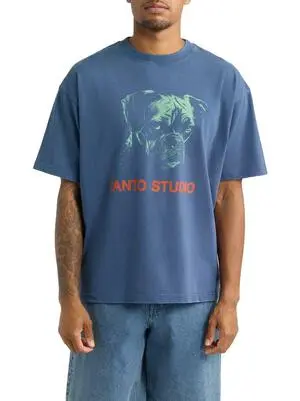 SANTO STUDIO Cynical Stare Dog Graphic T-shirt - Fade Blue
