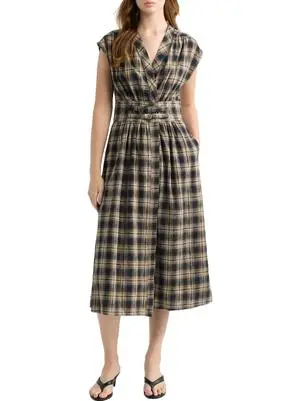 Deluc Plaid Cotton Midi Dress With Belted Waist - Black Checks