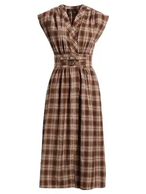 Deluc Plaid Cotton Midi Dress With Belted Waist - Brown Checks