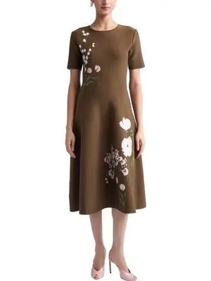 Oscar De La Renta Mixed Botanical Jacquard Sweater Dress - Cigar