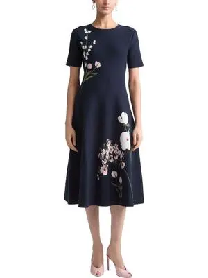 Oscar De La Renta Mixed Botanical Jacquard Sweater Dress - Navy