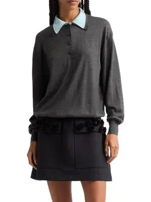 Plan C Double Collar Long Sleeve Merino Wool & Silk Polo - Gray Blue