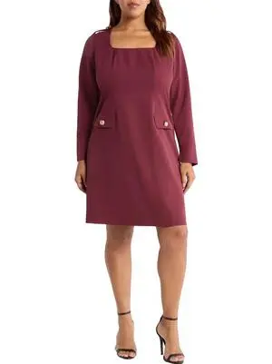 TAHARI ASL Long Sleeve Crepe Sheath Dress With Square Neckline And Button Details - Cranberry