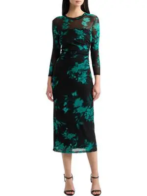 Anne Klein Floral Print Mesh Midi Dress - Deep Jade Multi