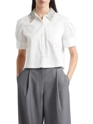 TOCCIN Zadie Rhinestone Embellished Stretch Poplin Cropped Shirt - Optic