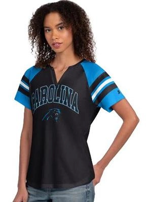 STARTER Carolina Panthers Game On Notch Neck Raglan T-shirt By - Black