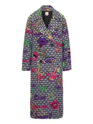 MAISON COMMON Long Tweed Jacquard Coat - Black/multicolour