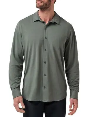 Travis Mathew The Heather Knit Button-up Shirt Dark Olive