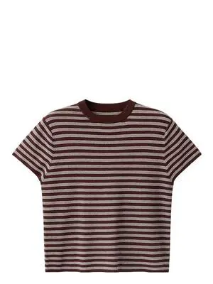 Mango Striped Ribbed Crewneck Short Sleeve Sweater - Chocolate