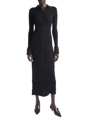 Proenza Schouler Rosario Ribbed Point Collar Midi Dress - Black