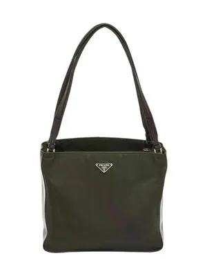 PRADA Prada Logo Plaque Leather Trim Tote Bag