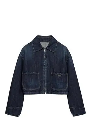Prada Cropped Denim Blouson Jacket - Blue