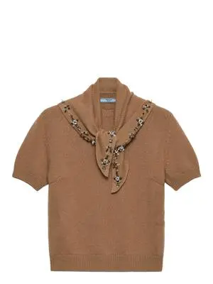 PRADA Prada Short-Sleeved Cashmere Sweater With Embroidered Scarf