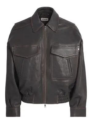 Staud Eugene Distressed Leather Bomber Jacket - Brown