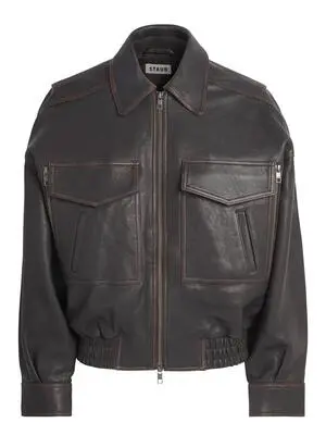 Staud Eugene Distressed Leather Bomber Jacket - Brown
