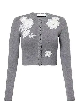 SELF-PORTRAIT Lace Flower Wool-blend Cropped Cardigan - Grey