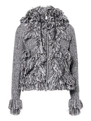 Sacai Hooded Zip-up Tweed Jacket With Tassel Trims - Gray