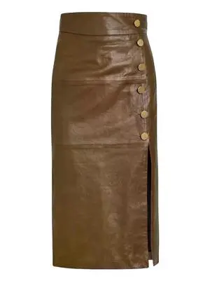 SKIIM Leather Straight Midi Skirt With Decorative Buttons - Brown