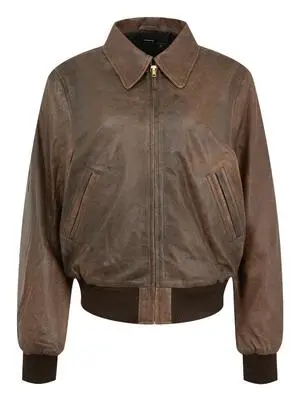 R13 Boyfriend Leather Bomber Jacket - Brown