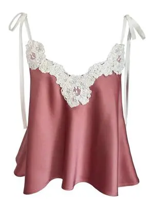 LANGNER Silk Cadi Satin Top With Lace Neckline - Pink