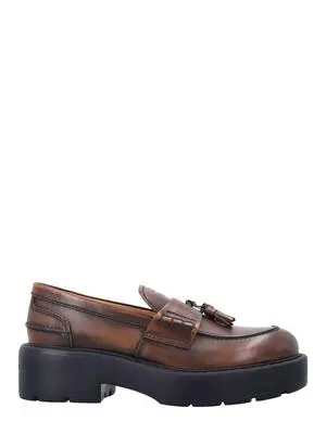 Miu Miu Leather Platform Loafers With Tassel Detail - Marrone