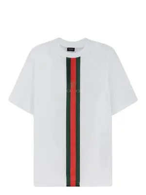 Gucci Gucci Cotton T-Shirt With Web Ribbon And Crest Print Bianco