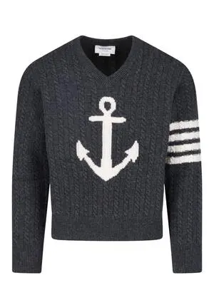 Thom Browne Anchor Intarsia V-neck Cable-knit Sweater - Grey