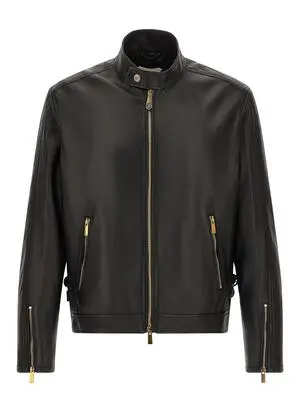 Versace Leather Biker Jacket With Medusa Hardware - Black