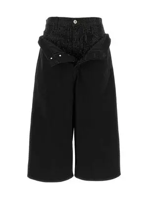 Attico Crystal Embellished Double Waist Wide Leg Cropped Jeans - Black