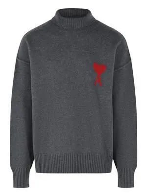 AMI Paris Virgin Wool Turtleneck Sweater With Contrast Logo - Gray