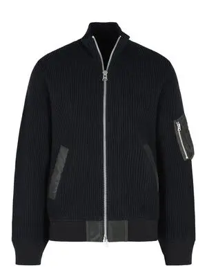 Sacai Ribbed Wool Zip-up Sweater With Nylon Details - Blue