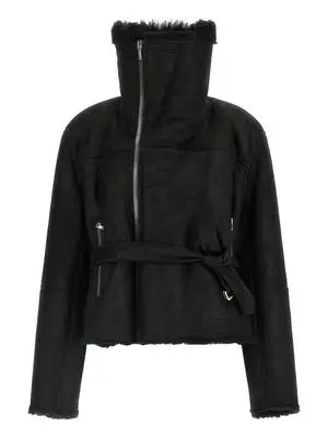 Rick Owens Cropped Shearling Flight Jacket With Funnel Neck - Black