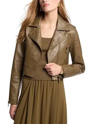 Michael Kors Cropped Faux Leather Moto Jacket - Duffle