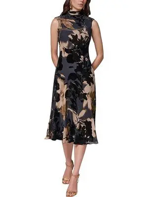 Donna Karan New York Printed Velvet Burnout Mock Neck Midi Dress - Espresso Multi